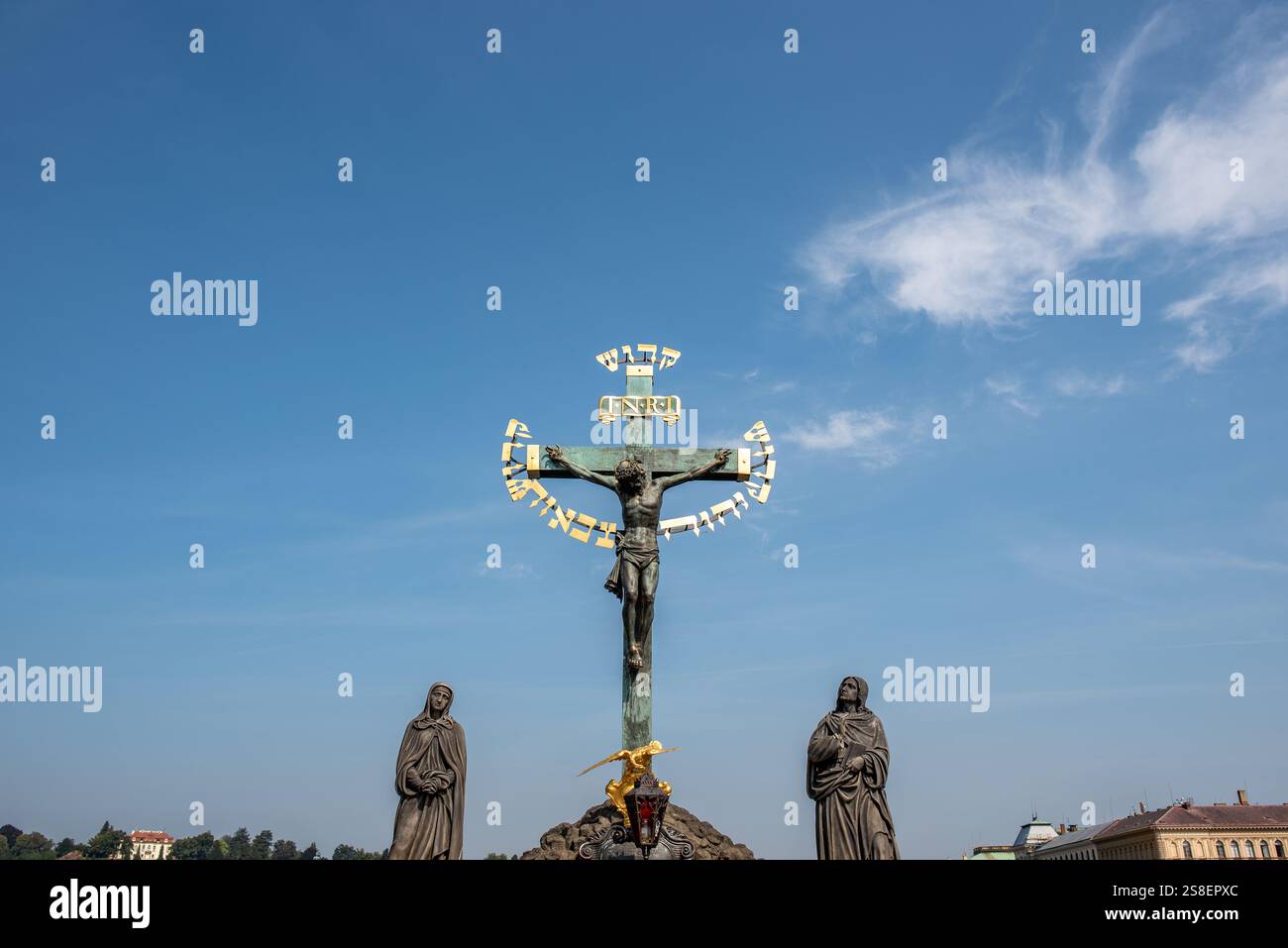 Statuary of the Holy Crucifix and Calvary mounted to the balustrade of ...