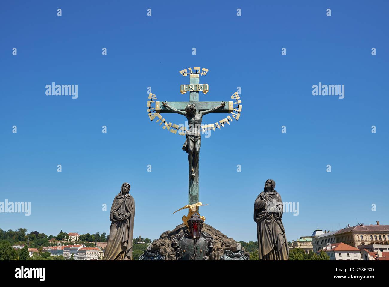 Statuary of the Holy Crucifix and Calvary mounted to the balustrade of ...