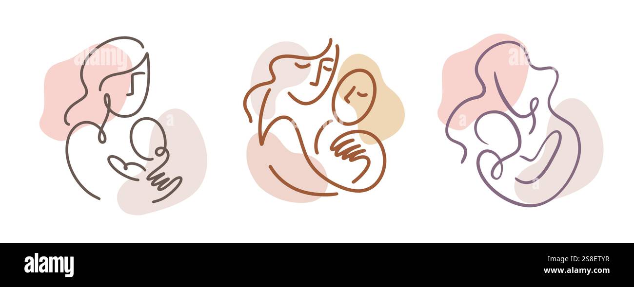 Mother and Baby One Line Drawing Breastfeeding Set Stock Vector Image ...