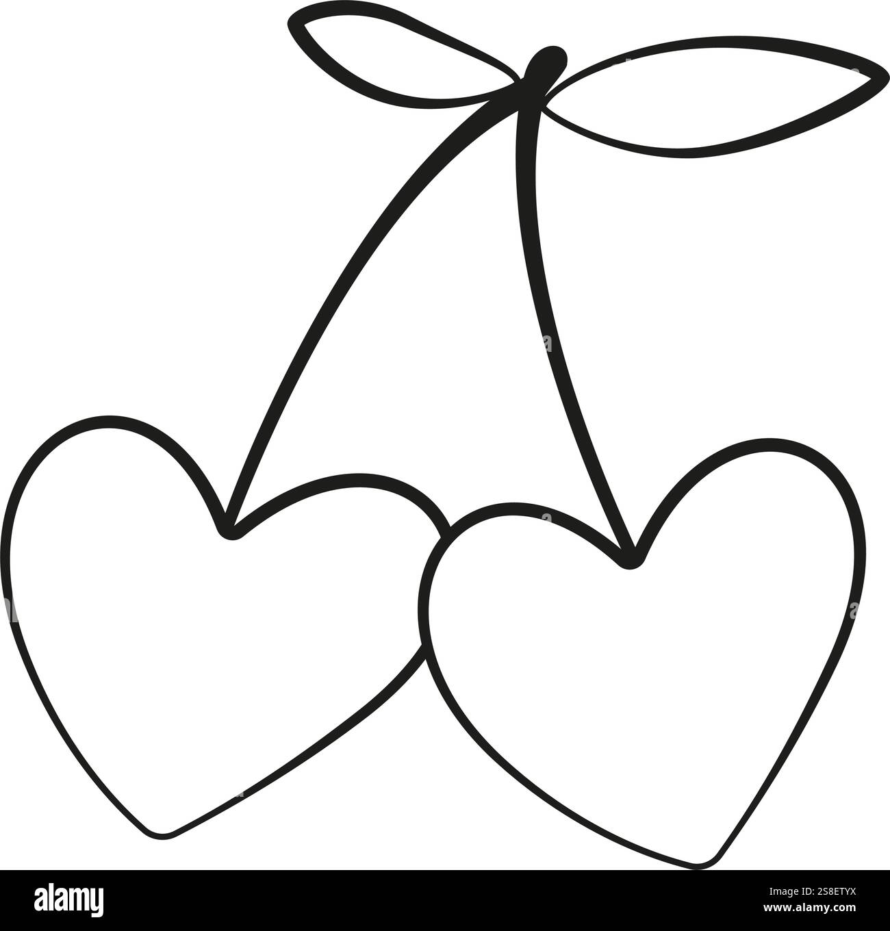 heart shaped cherries doodle style. Hand drawn black and white isolated ...