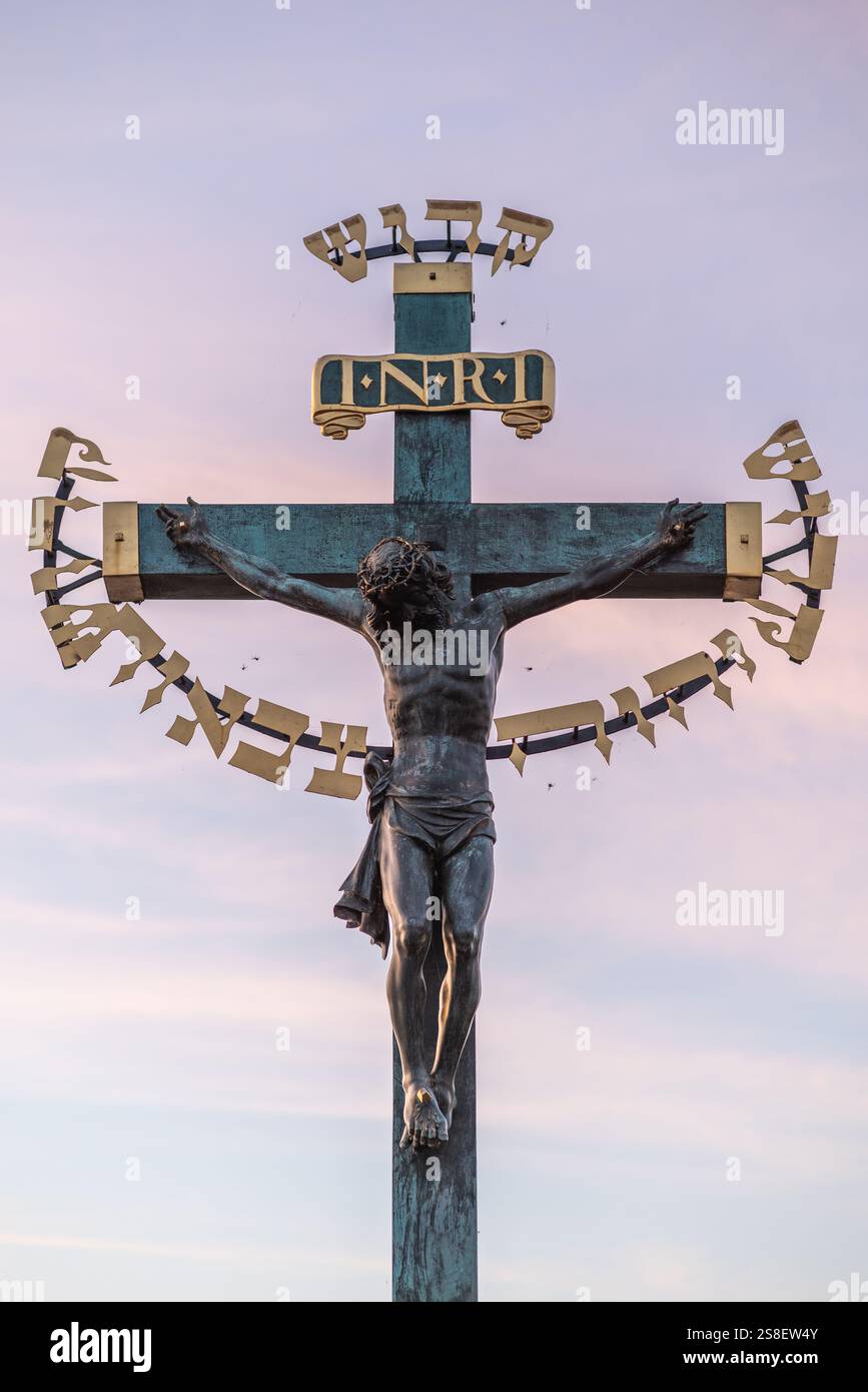 Statuary of the Holy Crucifix and Calvary mounted to the balustrade of ...