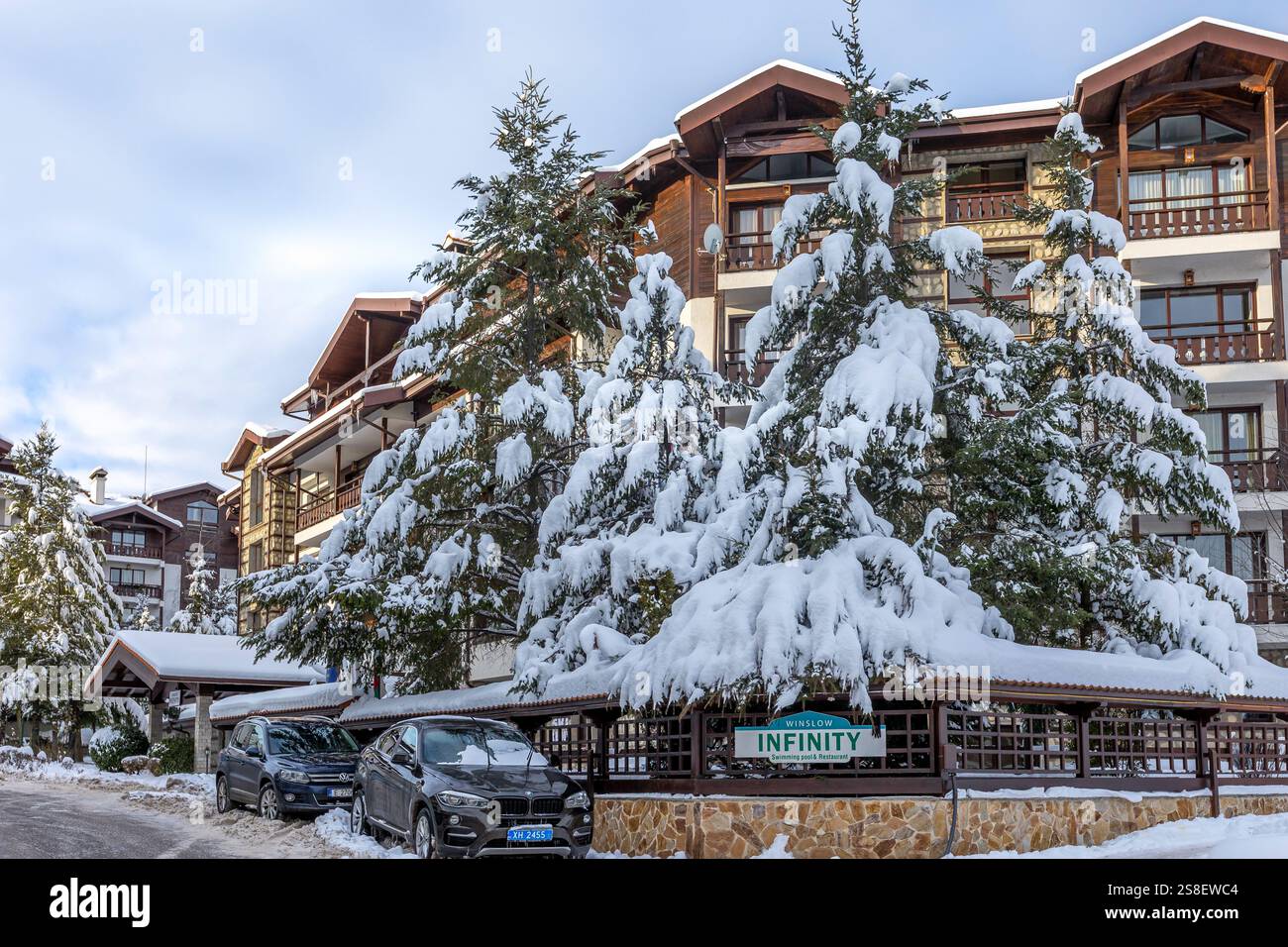 Bansko, Bulgaria - January 17, 2025: Winter street view, houses and ...