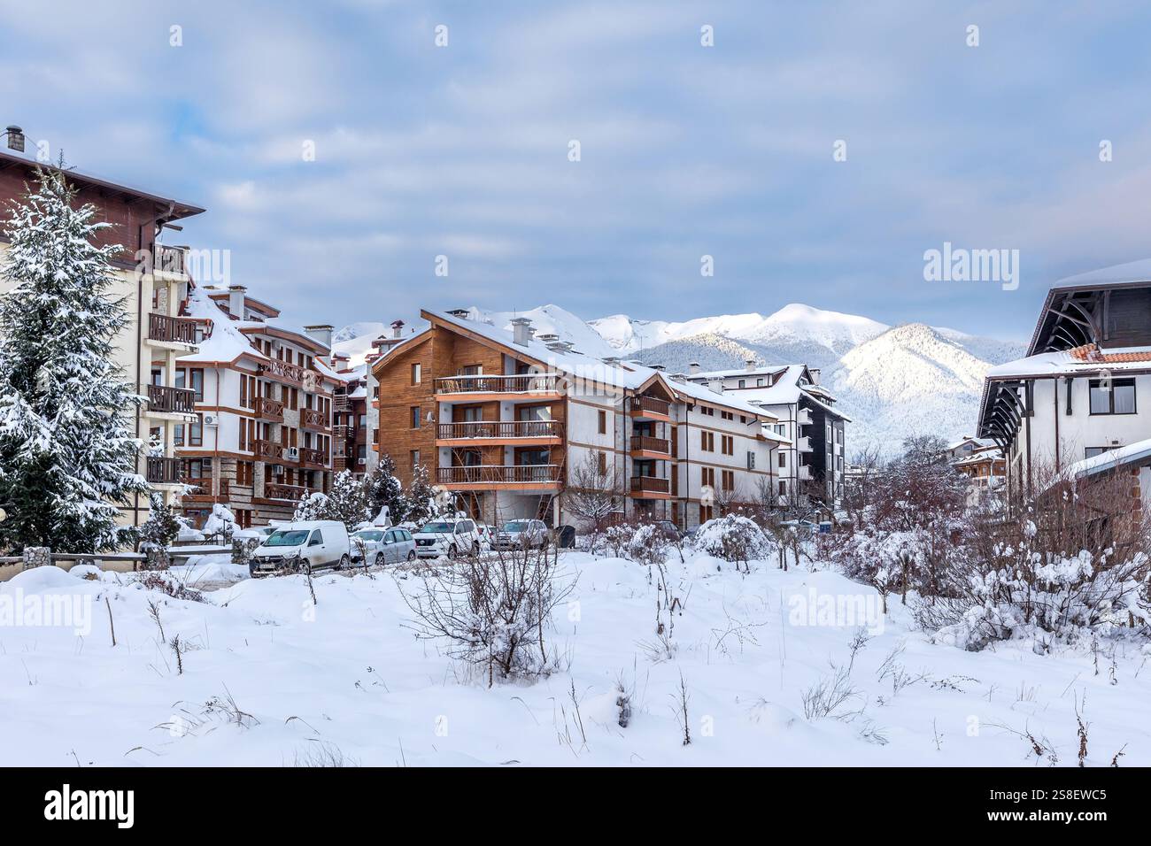 Bansko, Bulgaria - January 17, 2025: Winter street view, houses and ...