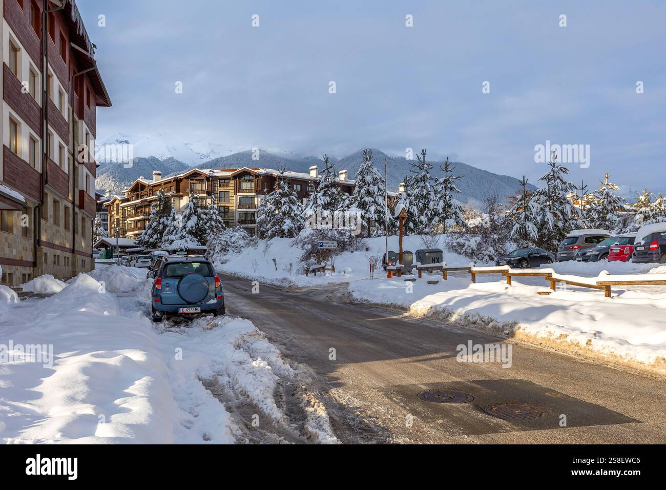 Bansko, Bulgaria - January 17, 2025: Winter street view, houses and ...