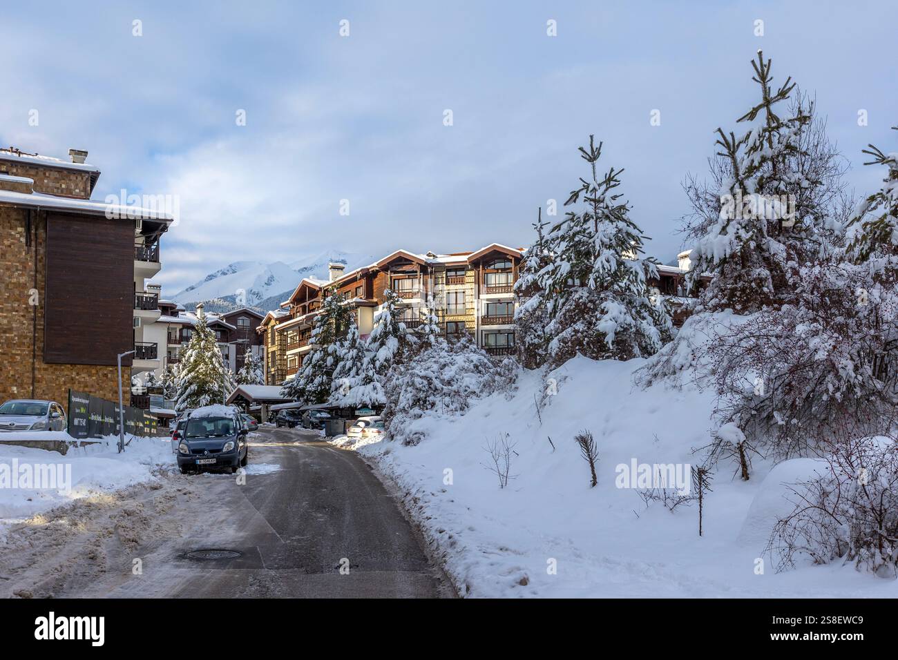 Bansko, Bulgaria - January 17, 2025: Winter street view, houses and ...