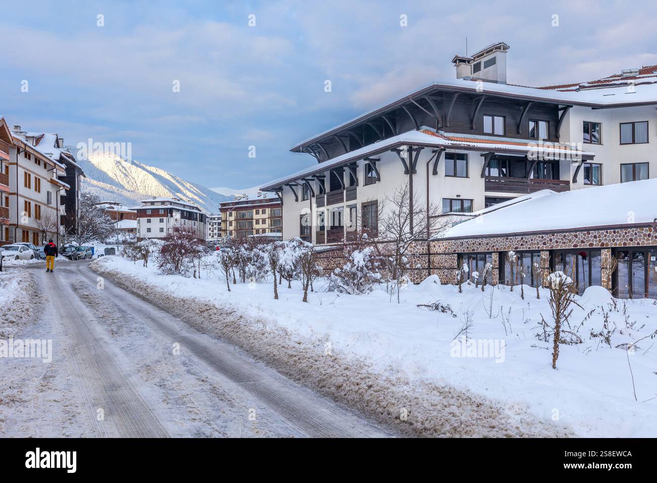 Bansko, Bulgaria - January 17, 2025: Winter street view, houses and ...