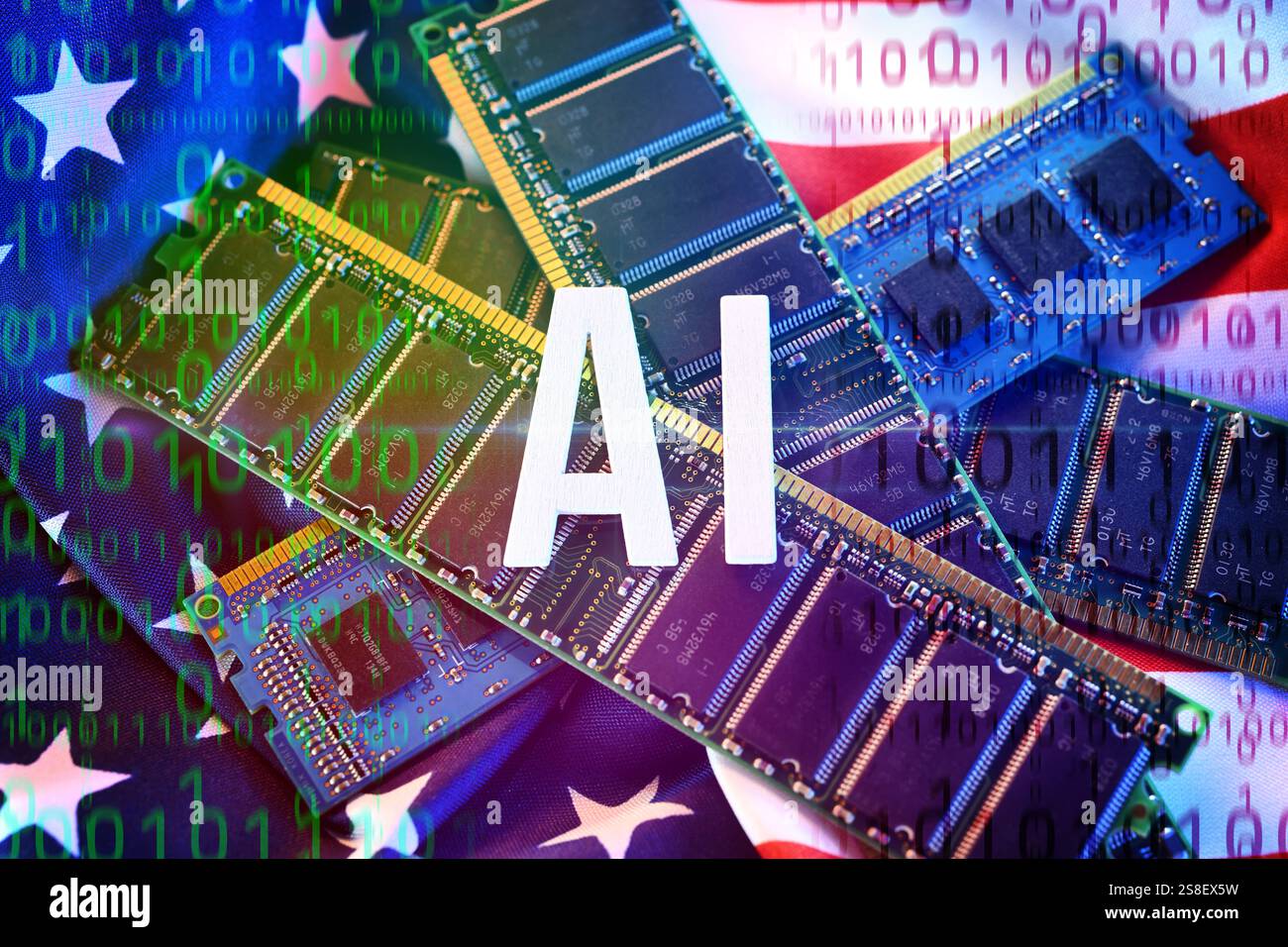 FOTOMONTAGE, Schriftzug AI auf Computerchips und USA-Fahne, Symbolfoto ...