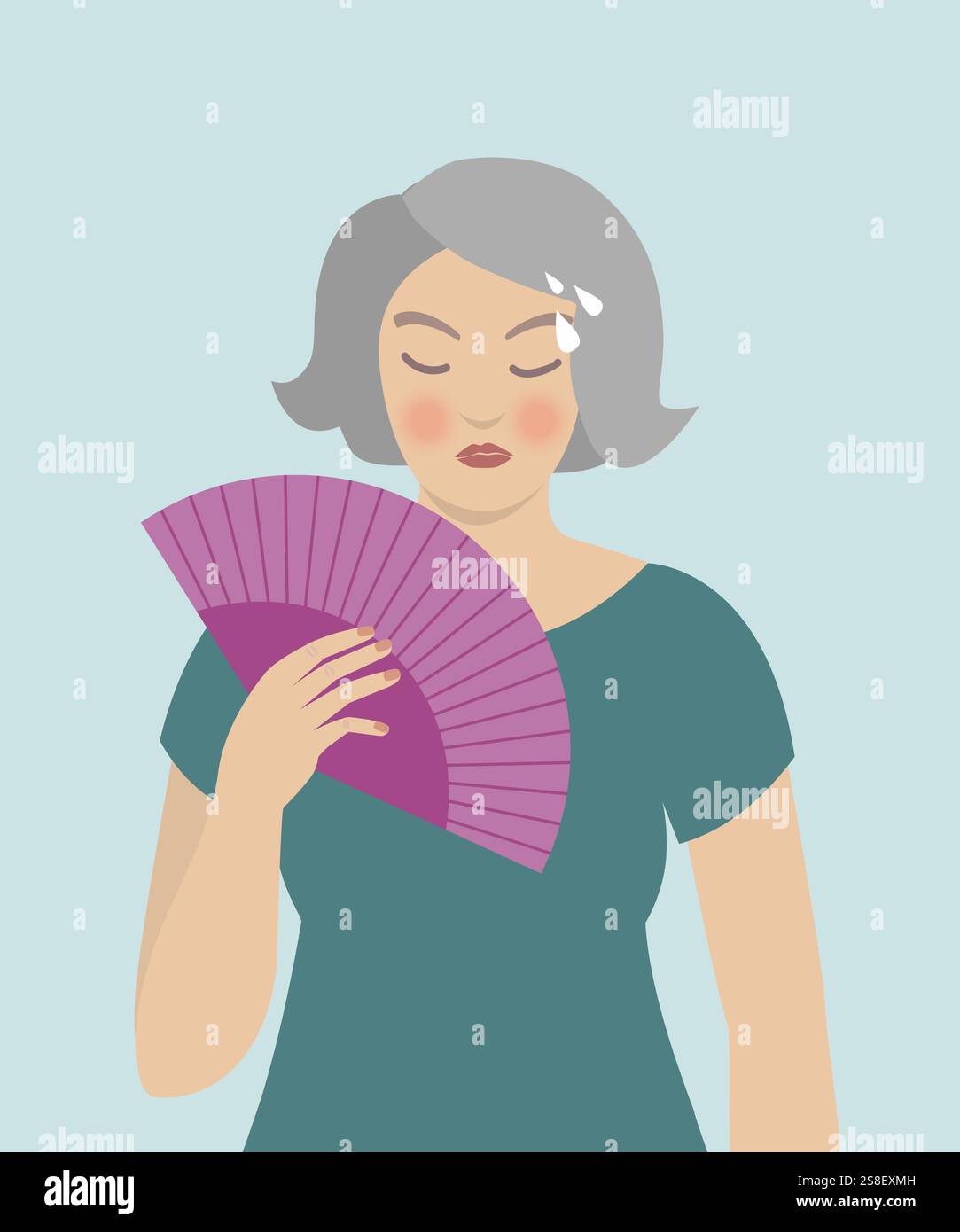 Woman cooling herself with fan, hot flashes, menopause symptoms Stock ...
