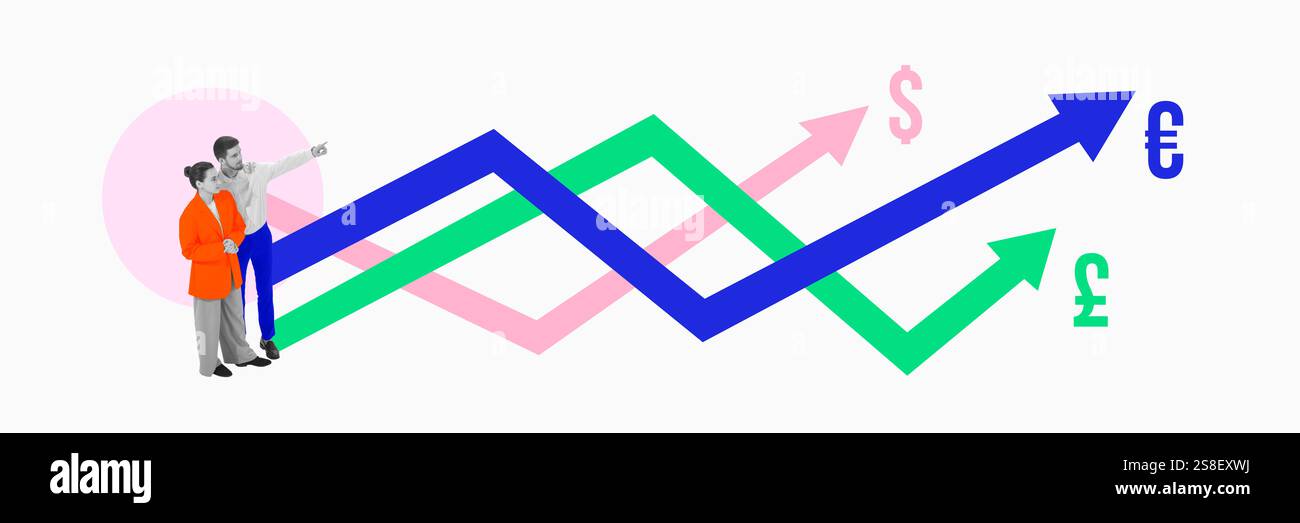 Two business people analyzing rising financial trend lines with dollar ...