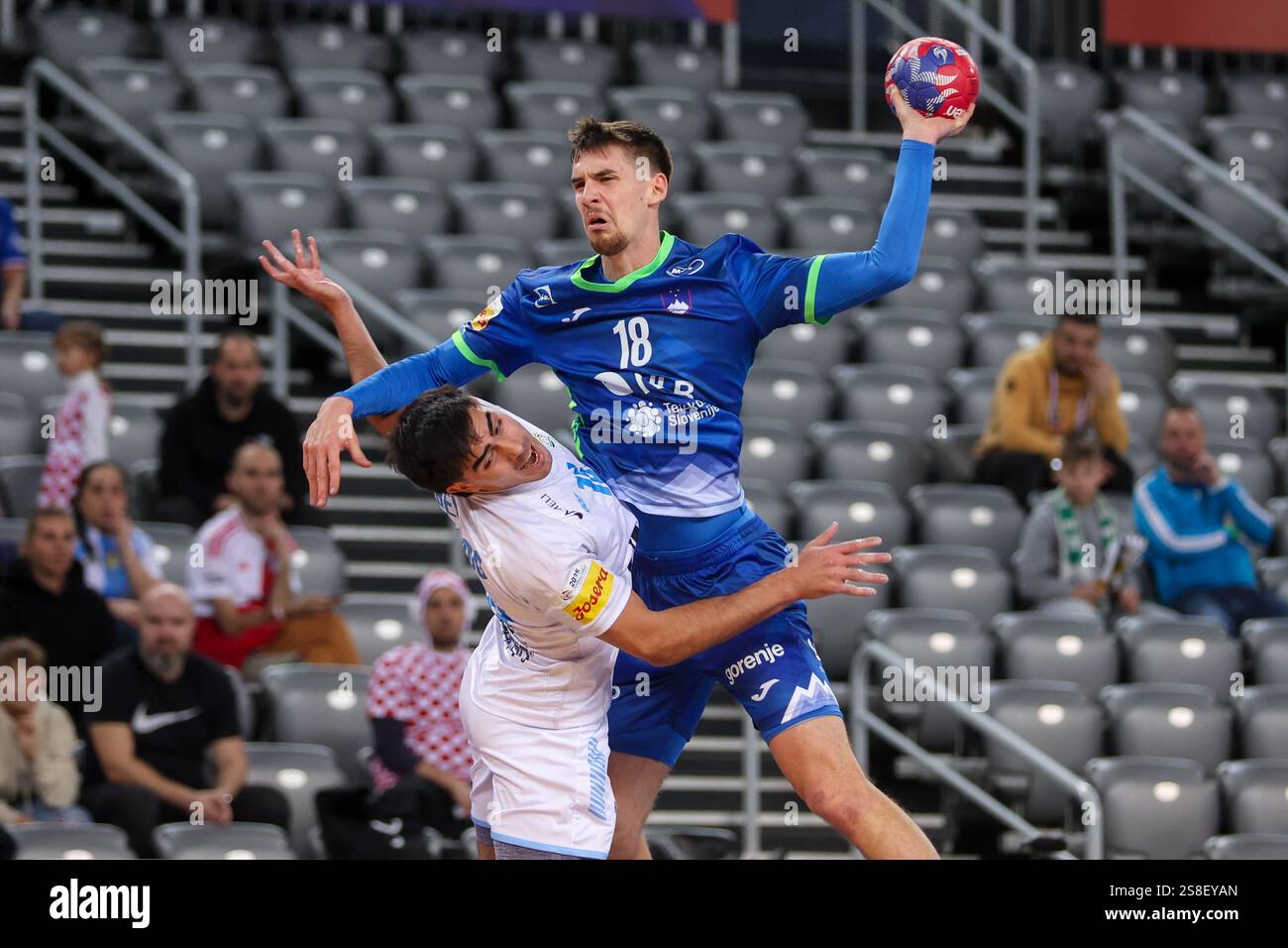 ZAGREB, CROATIA - JANUARY 22: KLJUN Tadej of Slovenia in action during ...