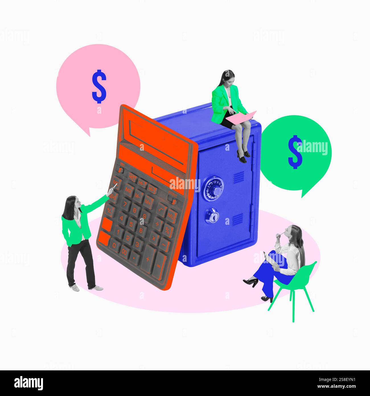Businesswomen interacting with calculator and safe, analyzing financial ...