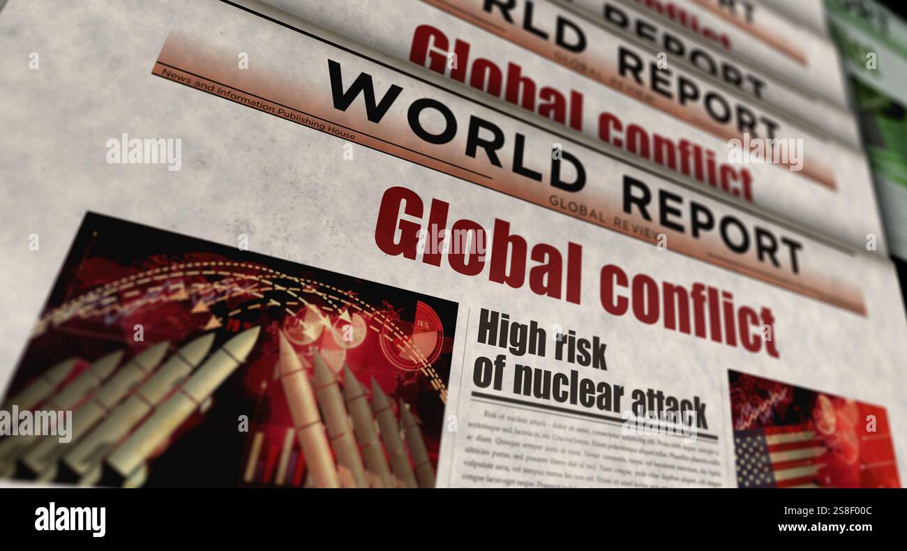 Global conflict world war iii vintage news and newspaper printing. Abstract concept retro ...