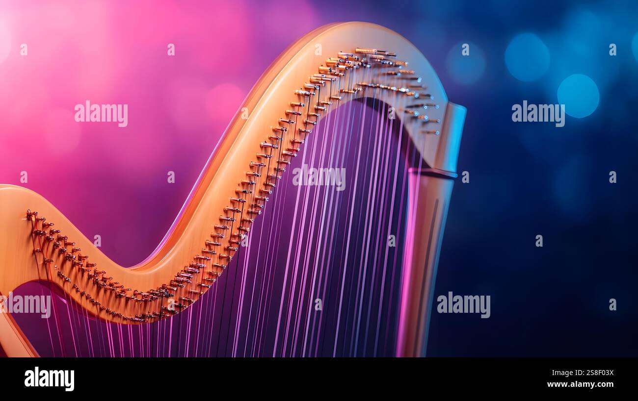 A captivating image of a magical harp with ethereal,iridescent strings that emanate a glowing ...