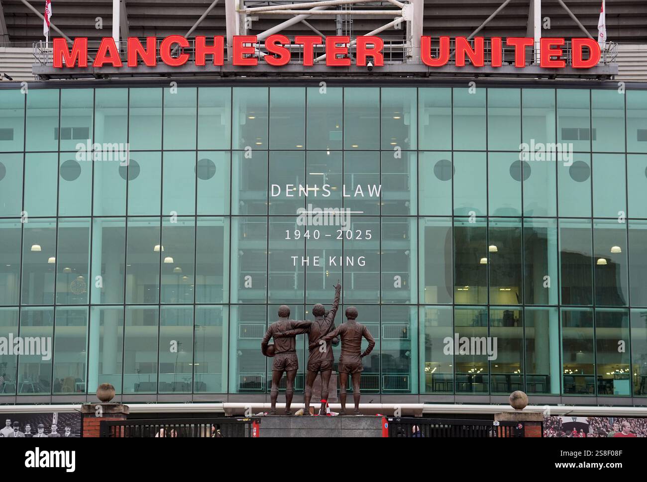 A general view of the United Trinity Statue, featuring George Best, Denis Law and Bobby Charlton ...