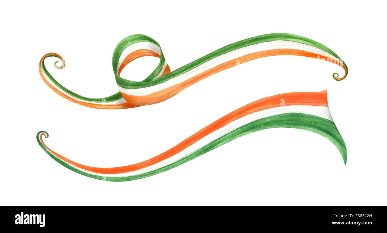 Two watercolor waving green white orange rainbow curve in Ireland flag ...