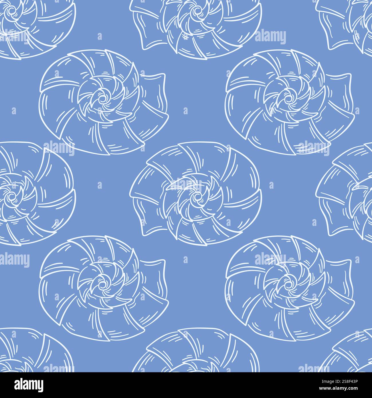 Seashell fossil seamless pattern in line art style on blue background ...