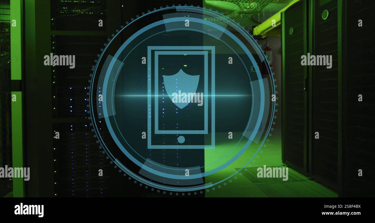 Image of shield icon and digital data processing over computer servers ...