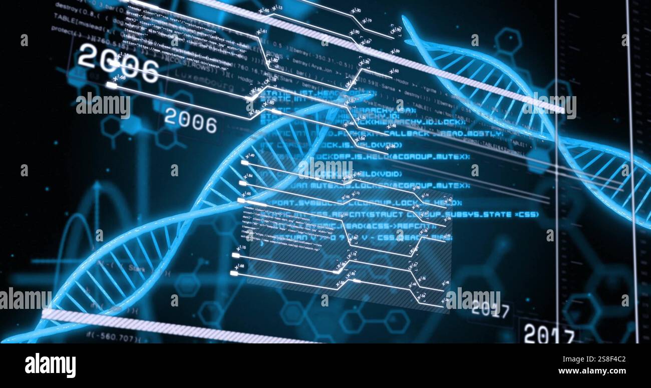 Image of digital data processing over dna strands on black background Stock Photo - Alamy