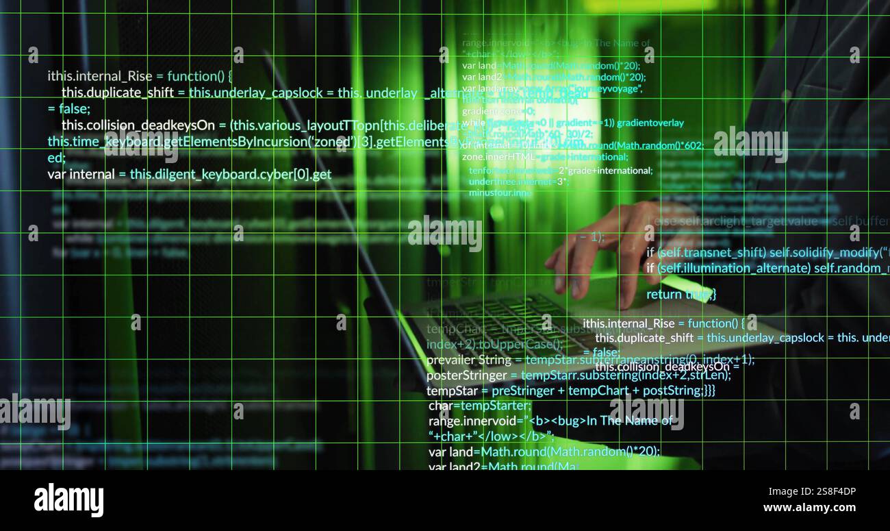 Image of digital data processing over biracial male it engineer and laptop by computer servers ...