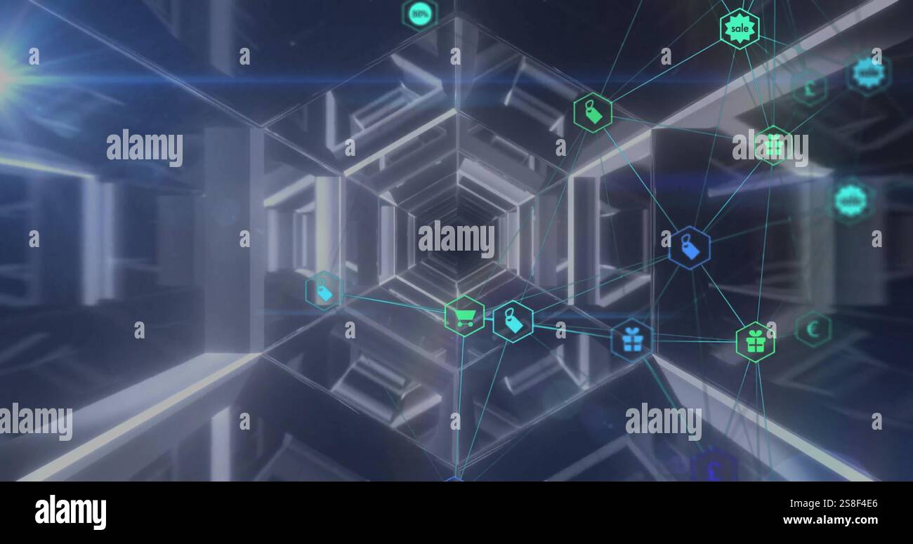 Image of network of connections with icons over digital tunnel on black ...