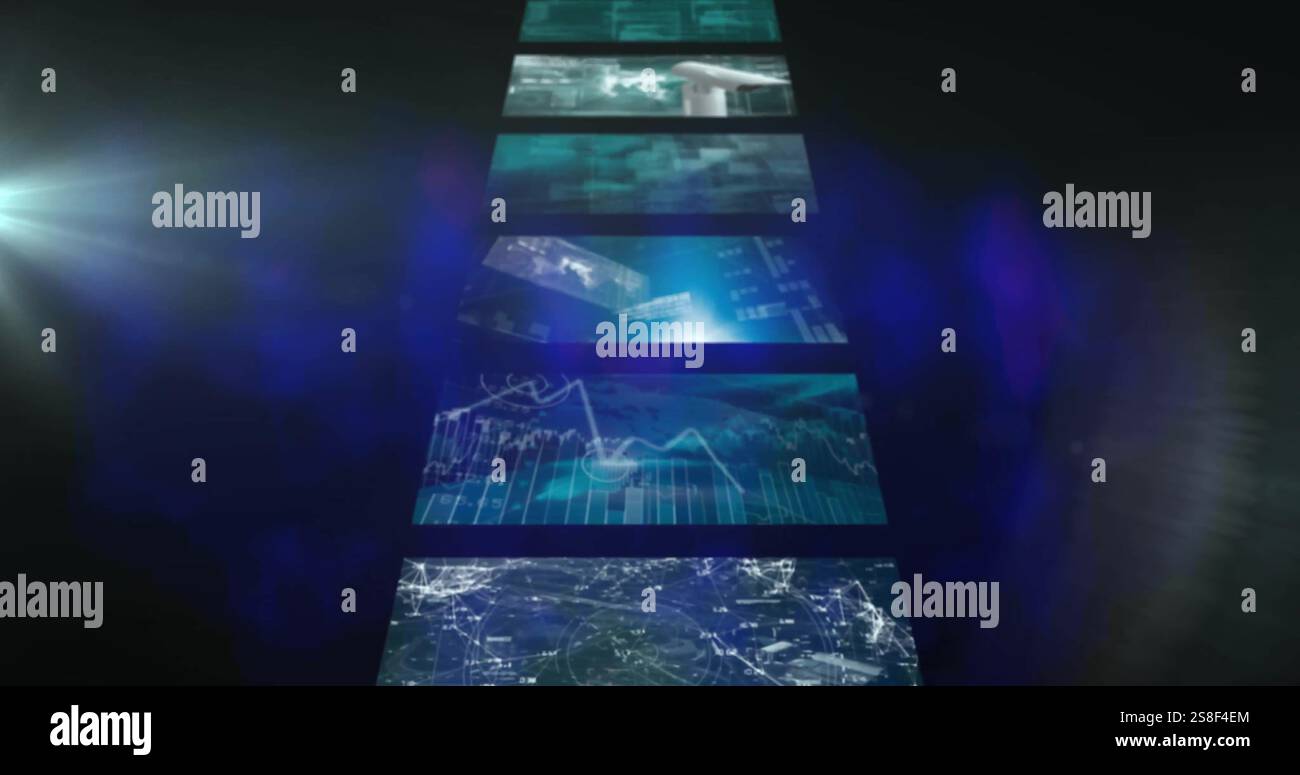 Image of data processing over light trails on black background. Online ...