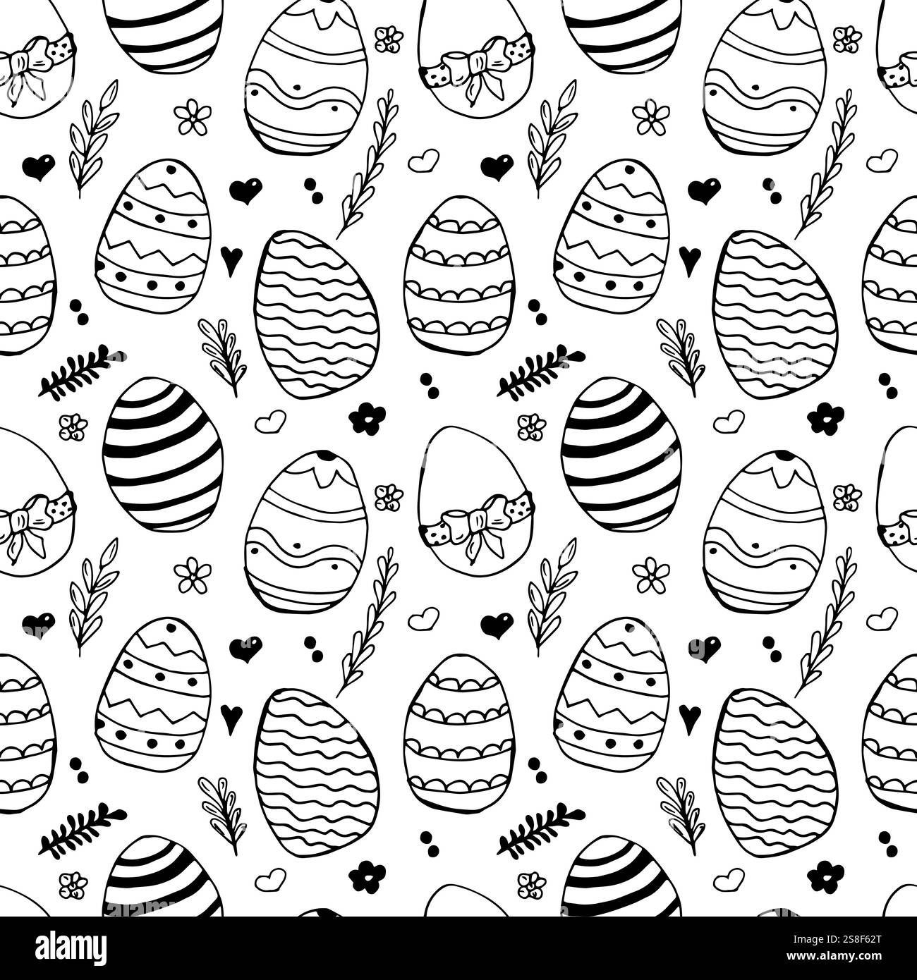 Seamless pattern with doodle easter eggs and leaves on white background ...