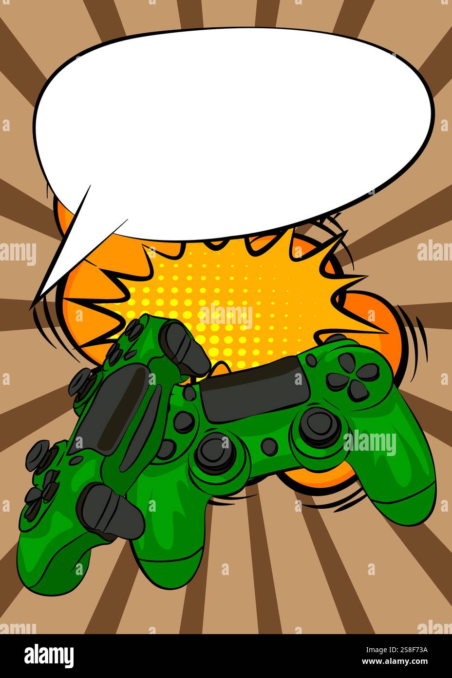 Cartoon Gaming controller with blank speech bubble, comic book Joystick background. Retro vector ...