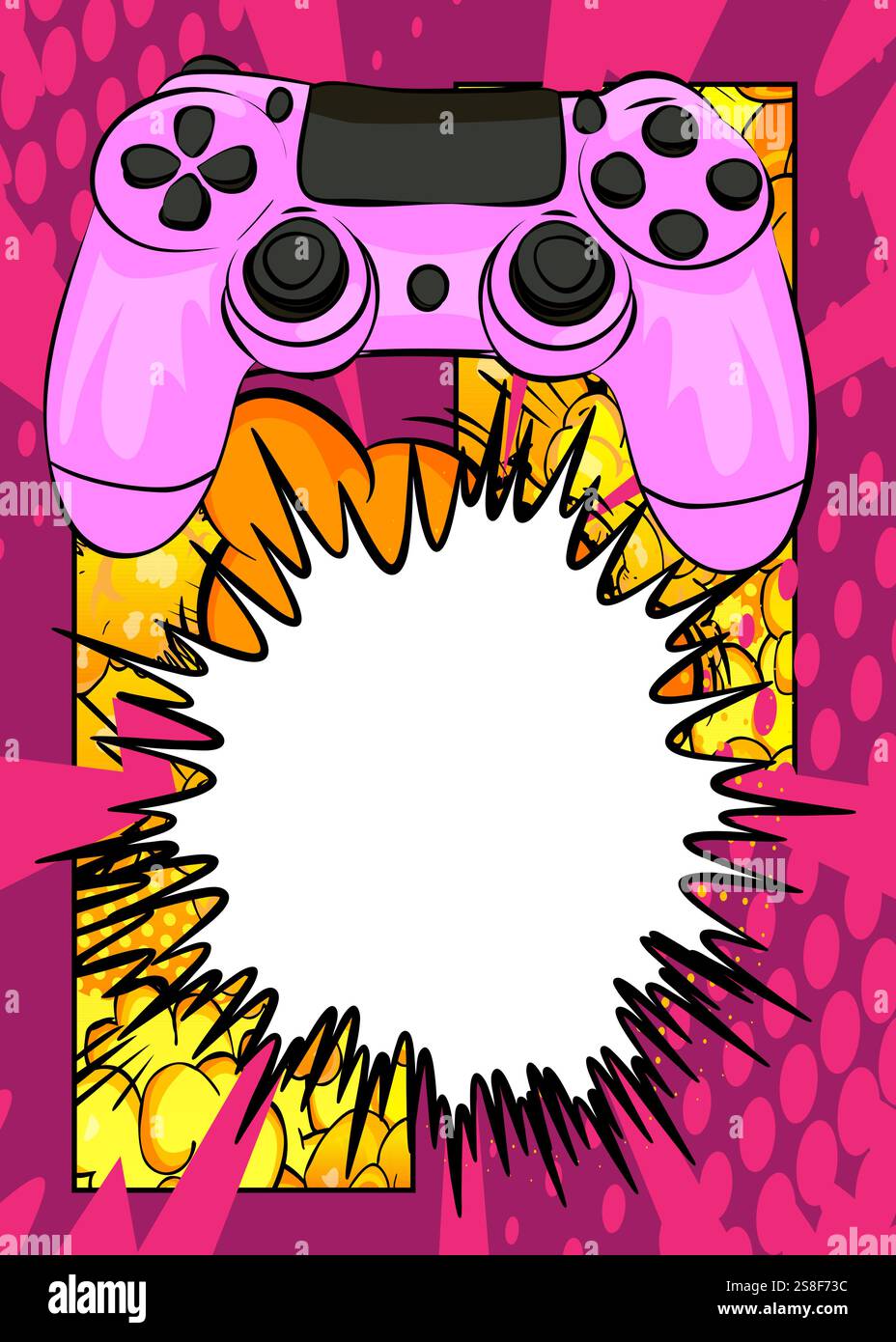 Cartoon Gaming controller with blank speech bubble, comic book Joystick background. Retro vector ...