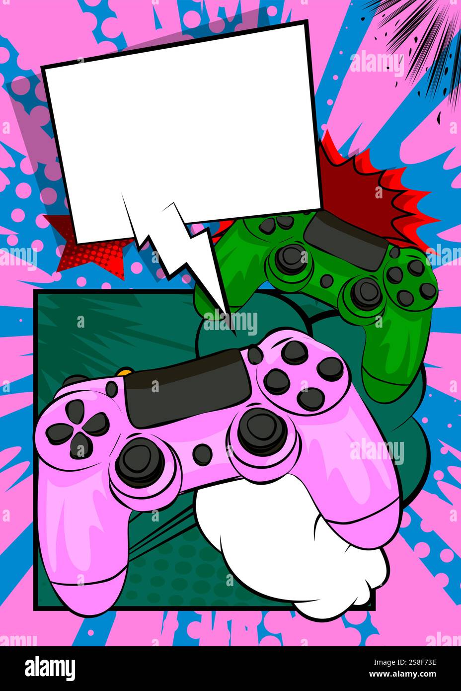 Cartoon Gaming controller with blank speech bubble, comic book Joystick background. Retro vector ...