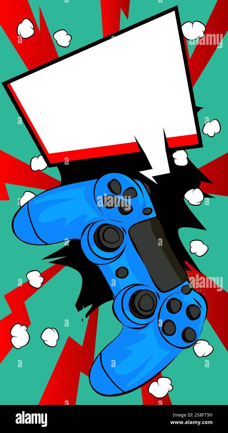 Cartoon Gaming controller with blank speech bubble, comic book Joystick background. Retro vector ...