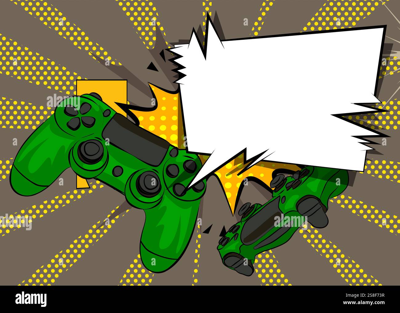 Cartoon Gaming controller with blank speech bubble, comic book Joystick background. Retro vector ...