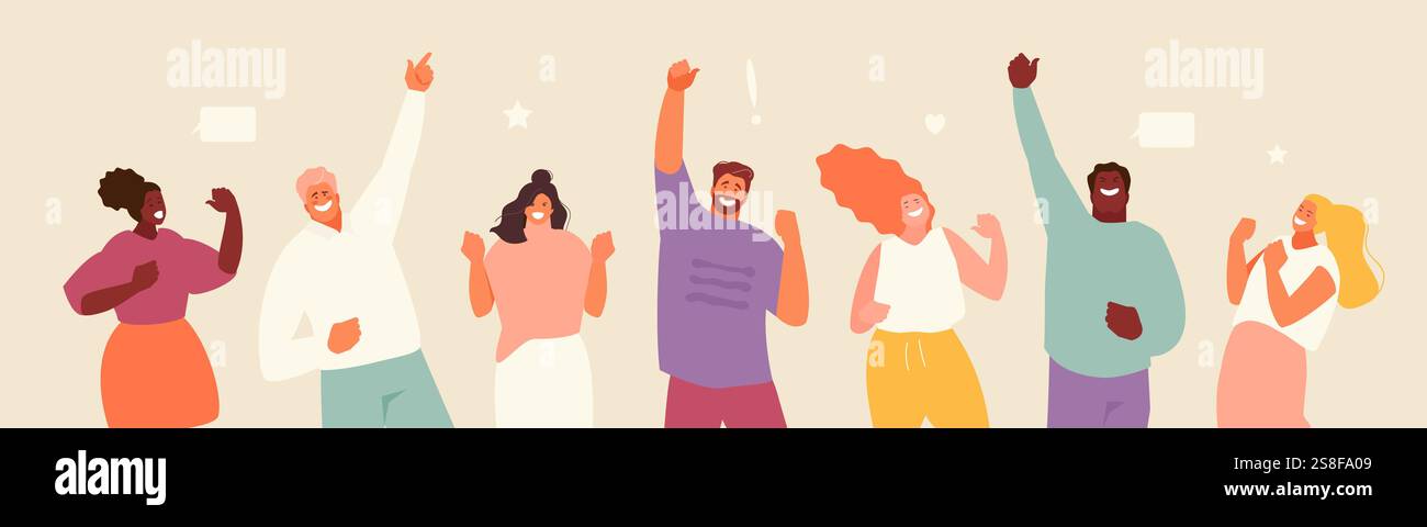 Happy people winners. Victory gestures yes, goal achievement ...