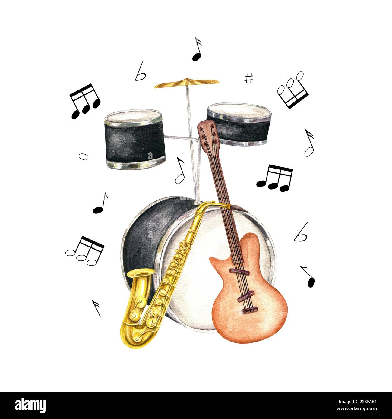 Watercolor drum kit, electric guitar, saxophone with flying musical ...