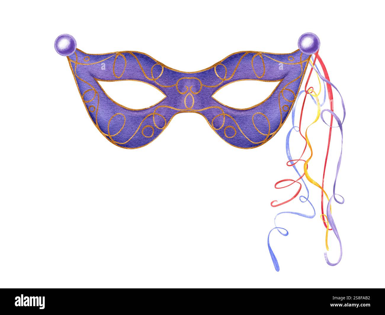 Carnival party purple mask with swirl colored ribbons watercolor ...