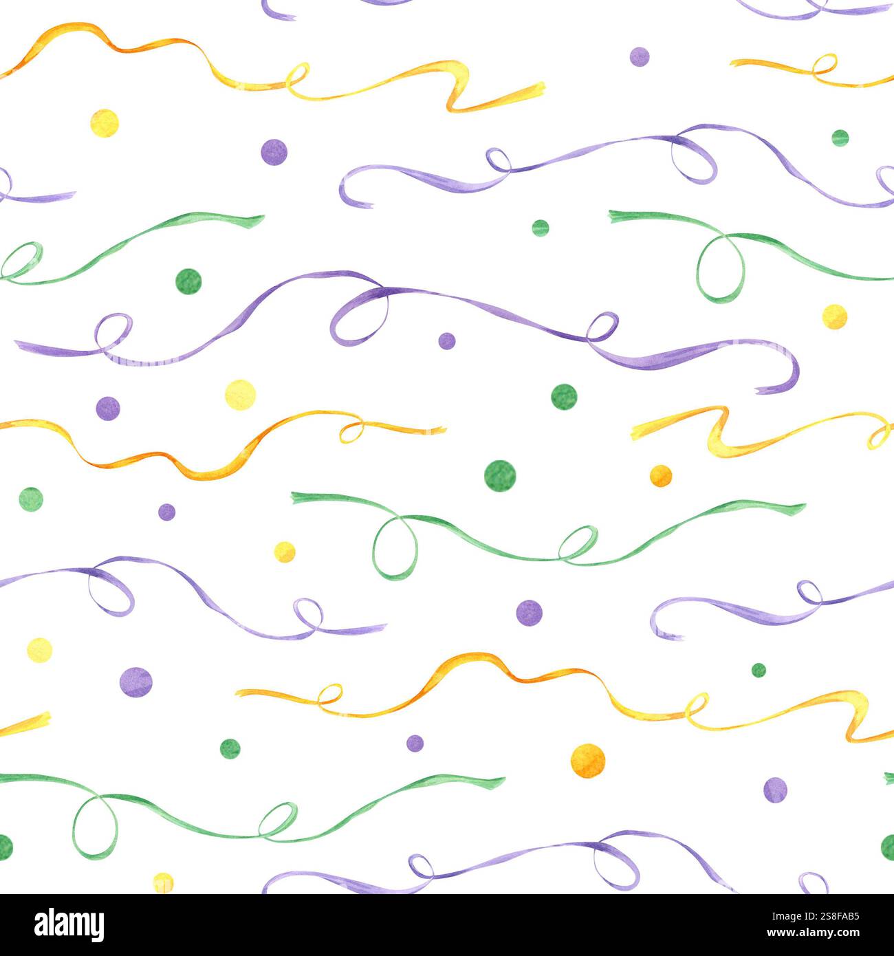 Watercolor swirl elegance yellow, green, purple ribbons, beads seamless ...