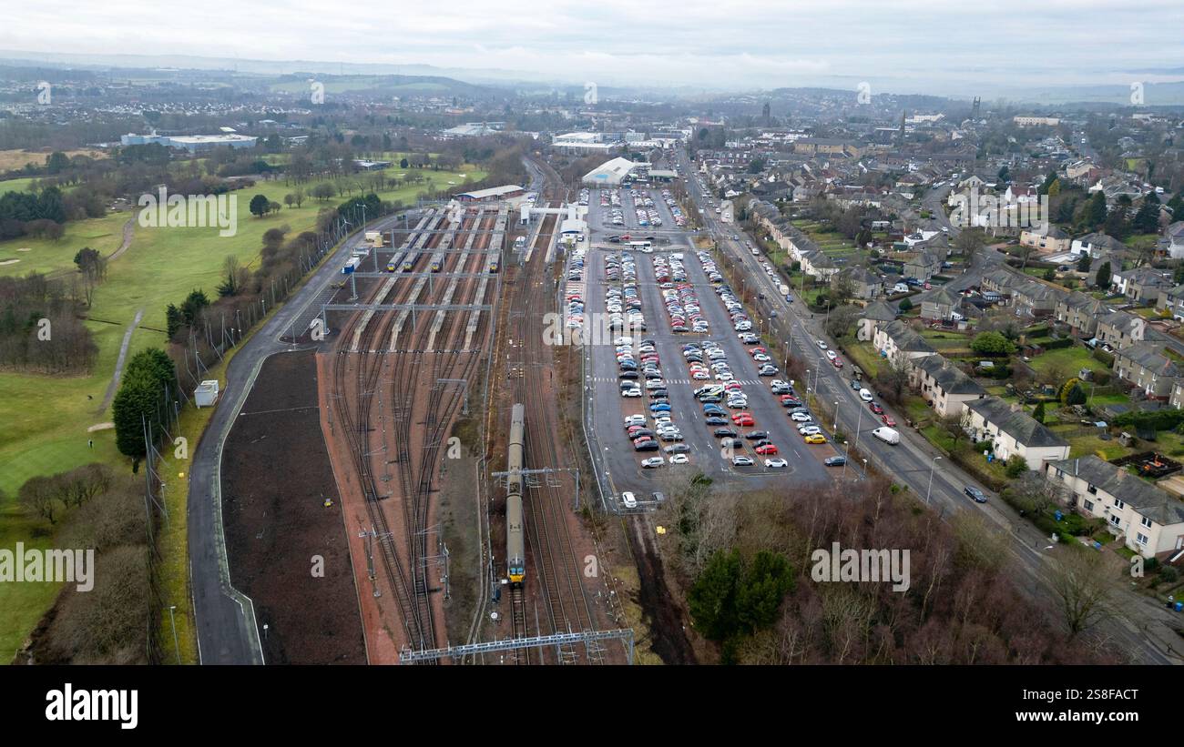 Aerial drone view of Bathgate Railway Station, Bathgate, West Lothian ...