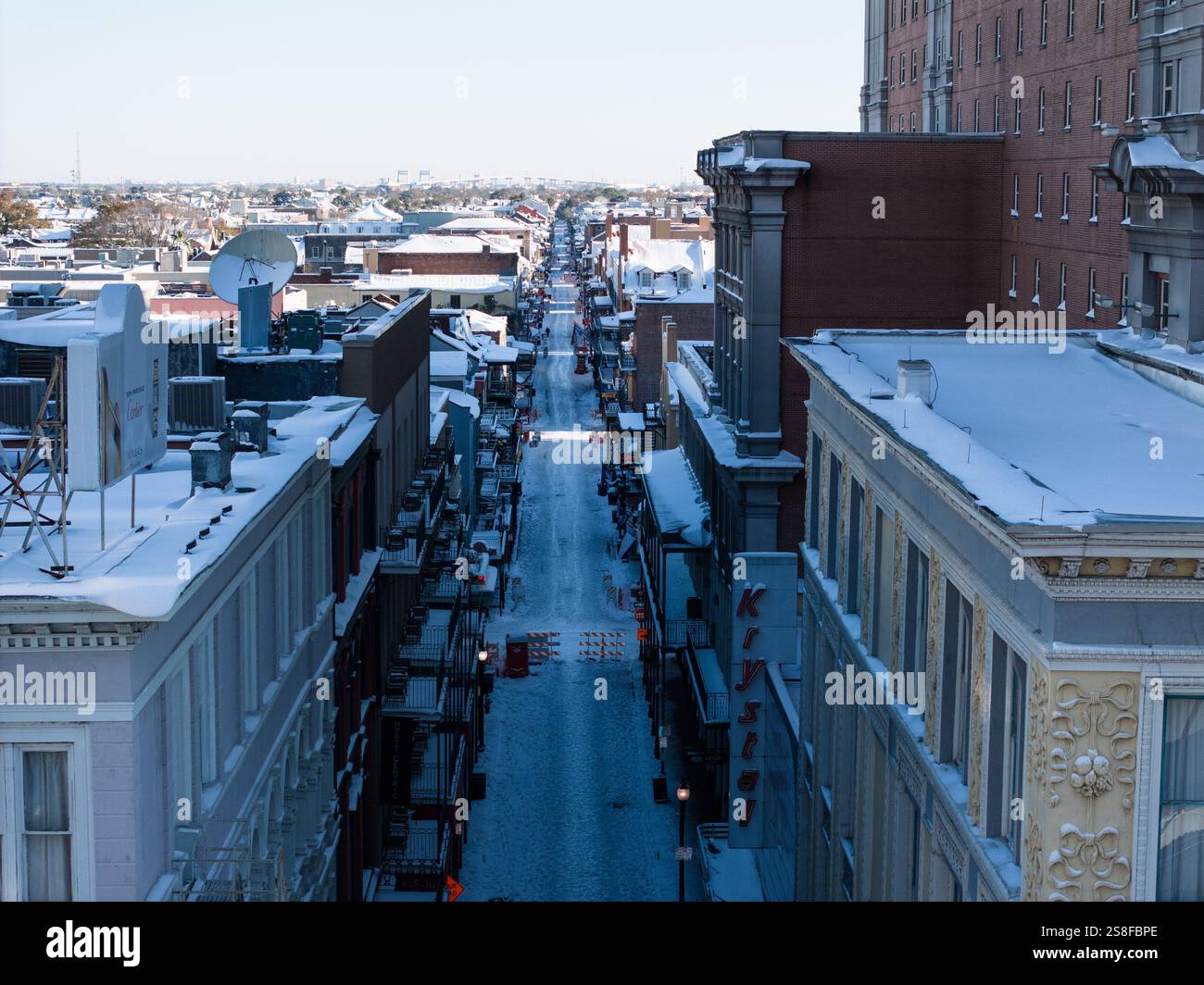 Aerial view of the snow-covered Canal Street in New Orleans, after ...