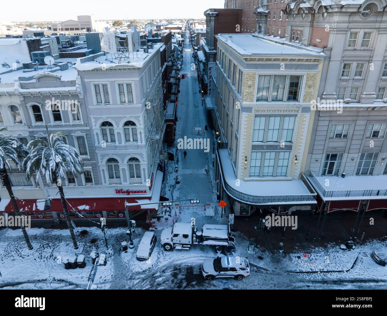 Aerial view of the snow-covered Canal Street in New Orleans, after ...