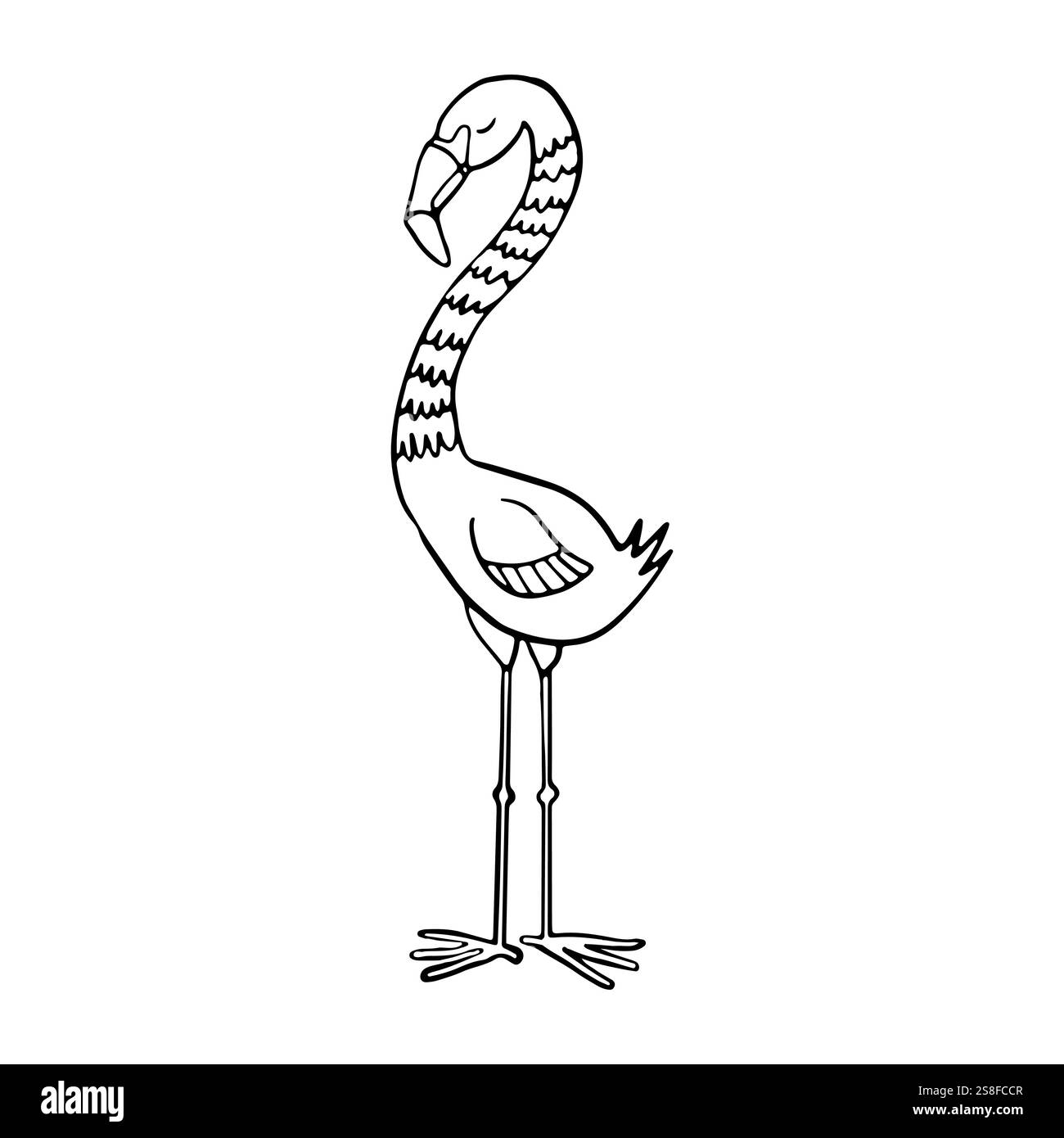 A minimalist black and white line drawing of an elegant flamingo ...