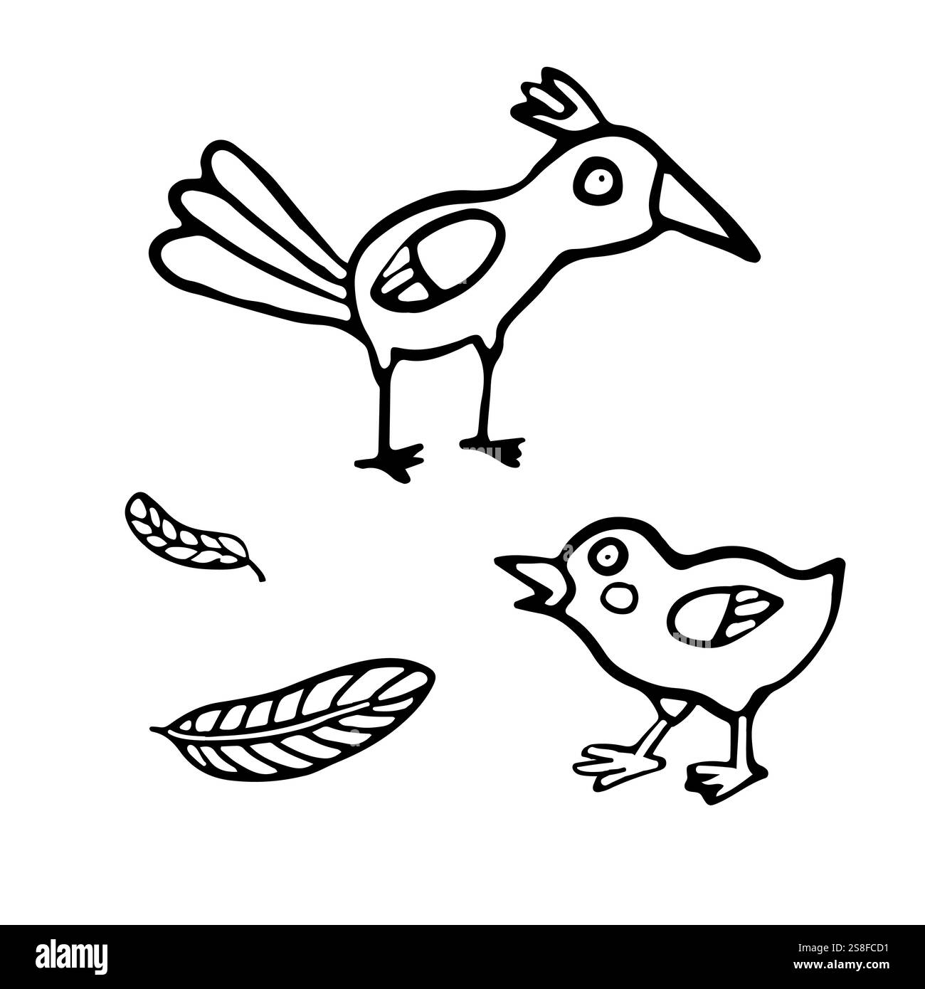 A charming black and white illustration featuring two cartoon birds ...