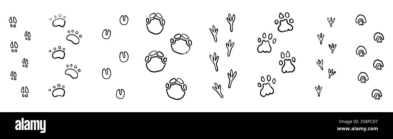 Assorted collection of black and white animal tracks and footprints ...
