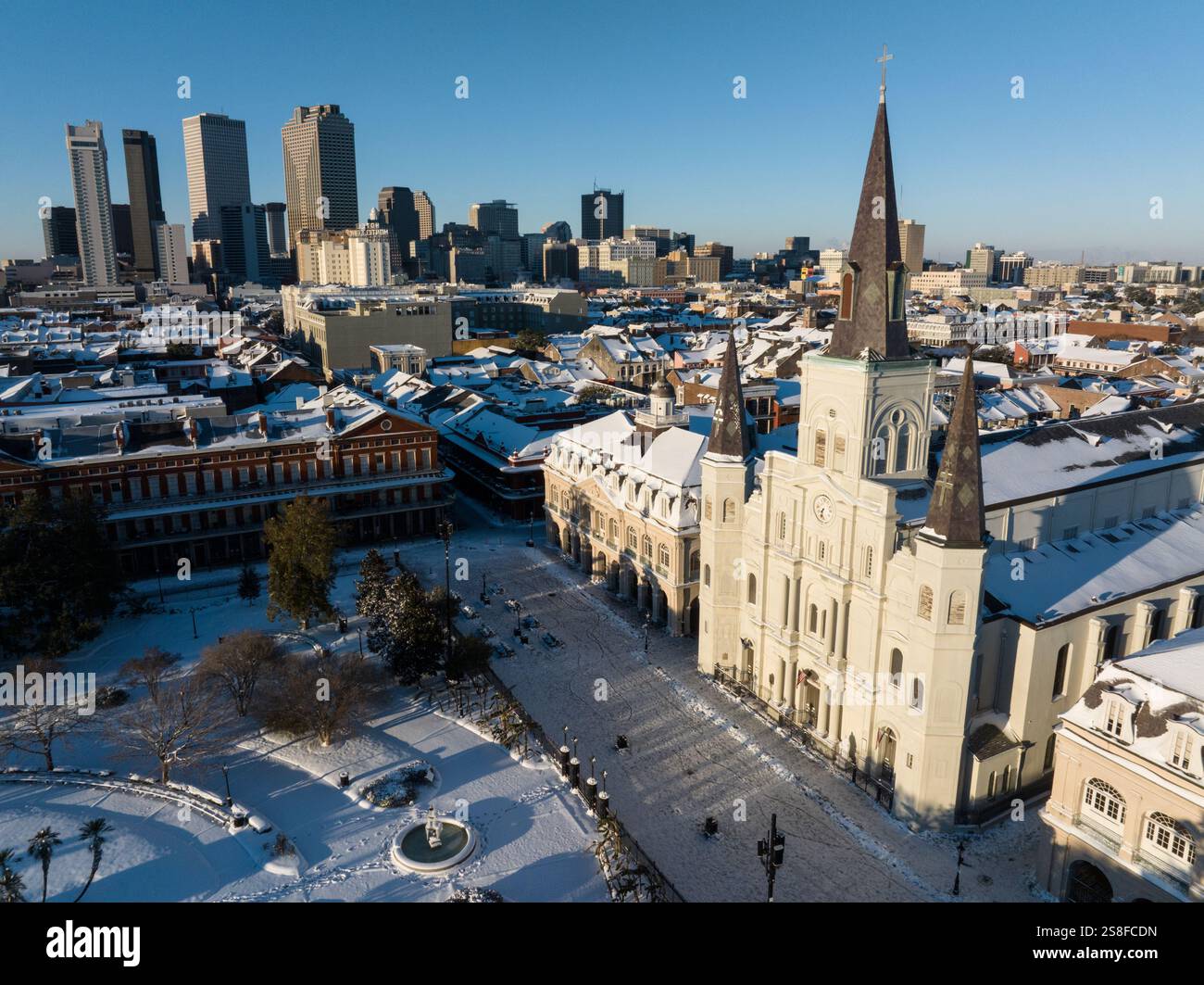 Aerial view of the snow-covered French Quarter and St. Louis Cathedral ...