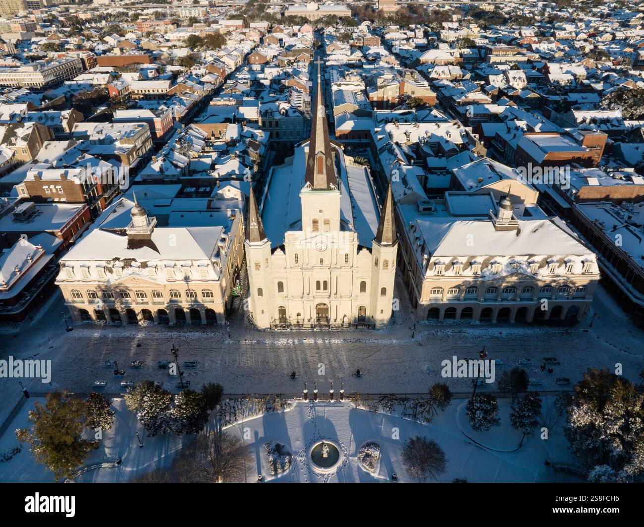 Aerial view of the snow-covered French Quarter and St. Louis Cathedral ...