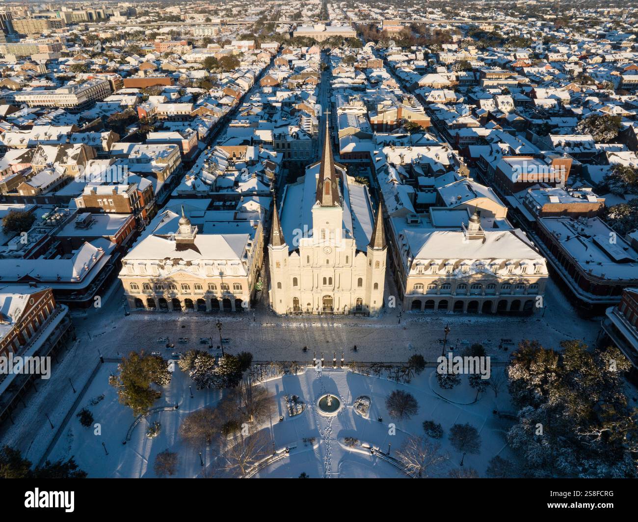 Aerial view of the snow-covered French Quarter and St. Louis Cathedral ...