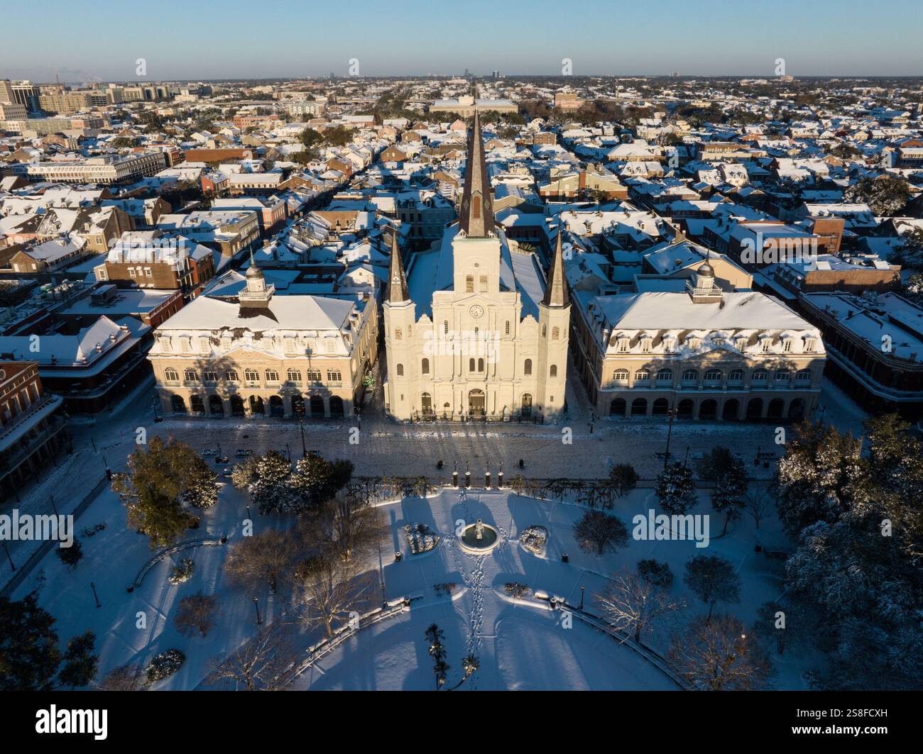 Aerial view of the snow-covered French Quarter and St. Louis Cathedral ...