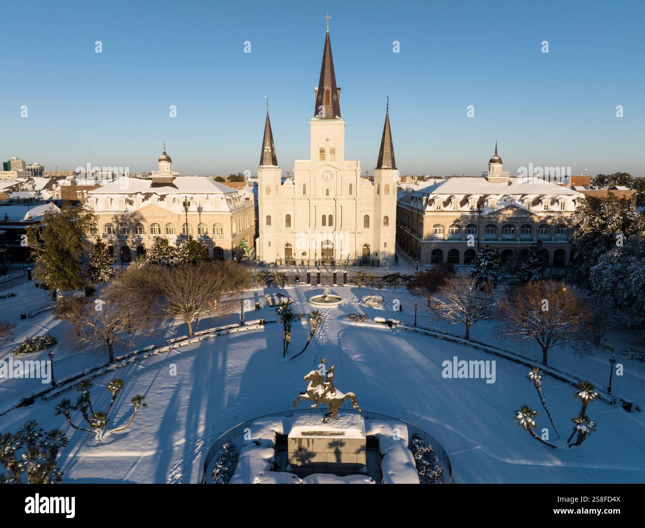 Aerial view of the snow-covered French Quarter and St. Louis Cathedral ...