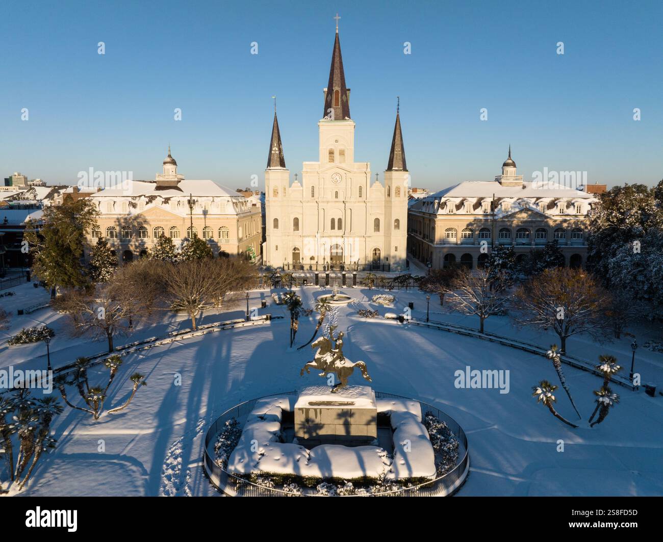 Aerial view of the snow-covered French Quarter and St. Louis Cathedral ...