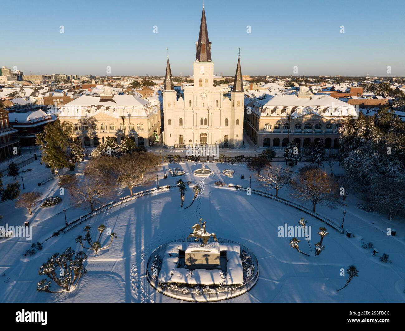 Aerial view of the snow-covered French Quarter and St. Louis Cathedral ...