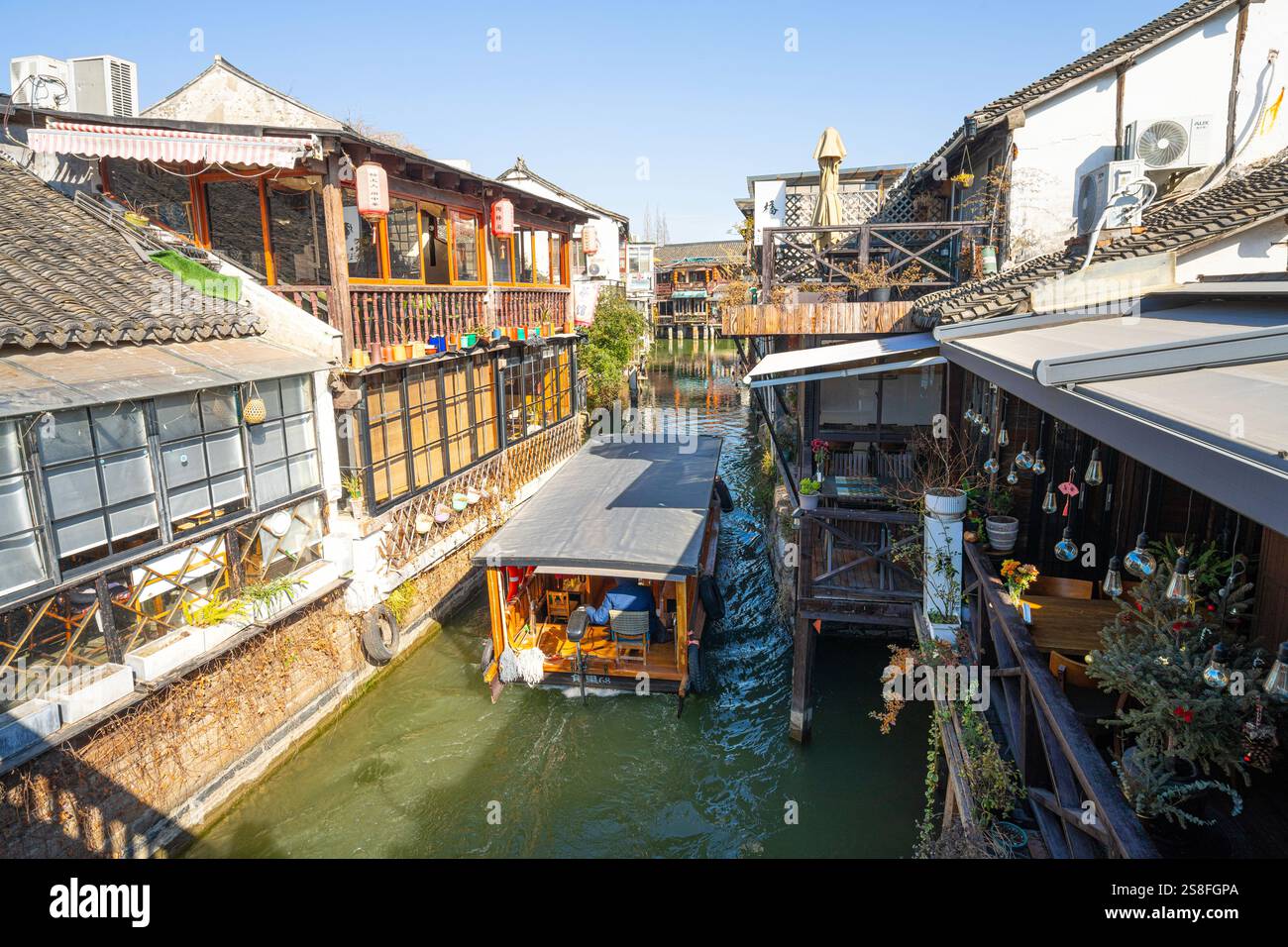 Shanghai, China. January 8, 2025. panoramic view of the canals between the characteristic old ...
