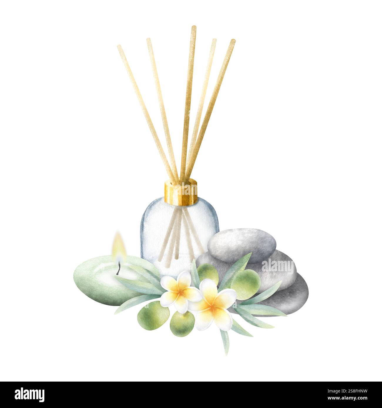 Aroma diffuser, candle, stack of flat grey pebbles, olive branch and ...